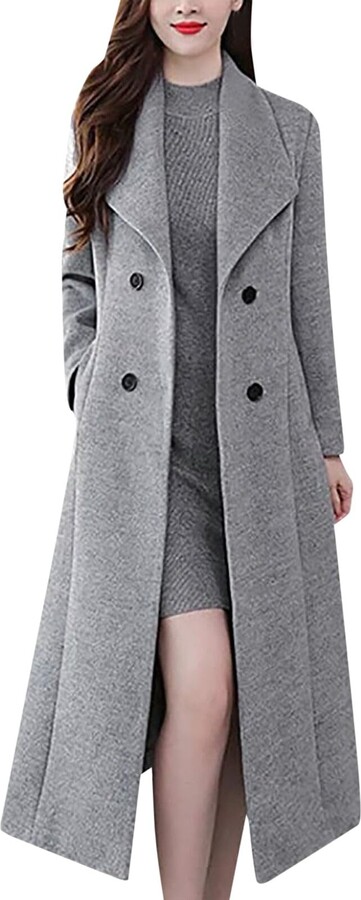 Yusealia Women's Maxi Trench Coat Long Overcoat Womens Lapel Wool Blend ...