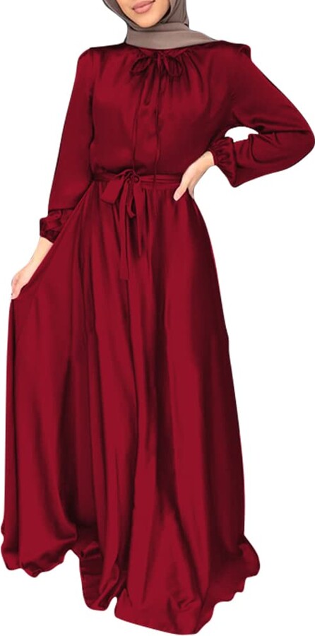OBEEII Women Muslim Abaya Long Sleeve Chiffon Maxi Dress One-Piece ...