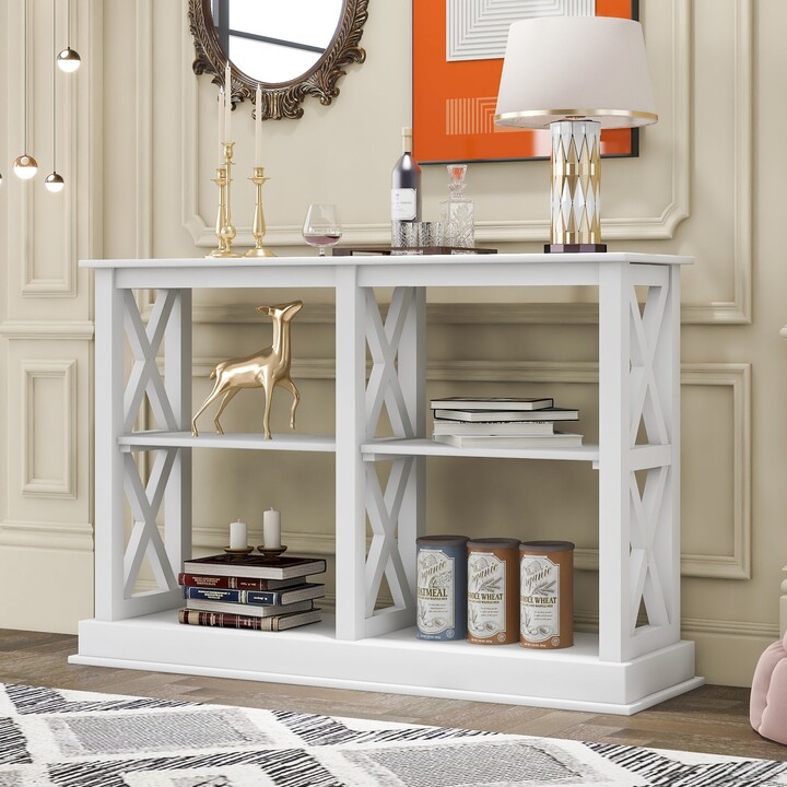 CTEX Console Table with 3 Tier Open Storage Spaces & X Shape Solid Wood ...