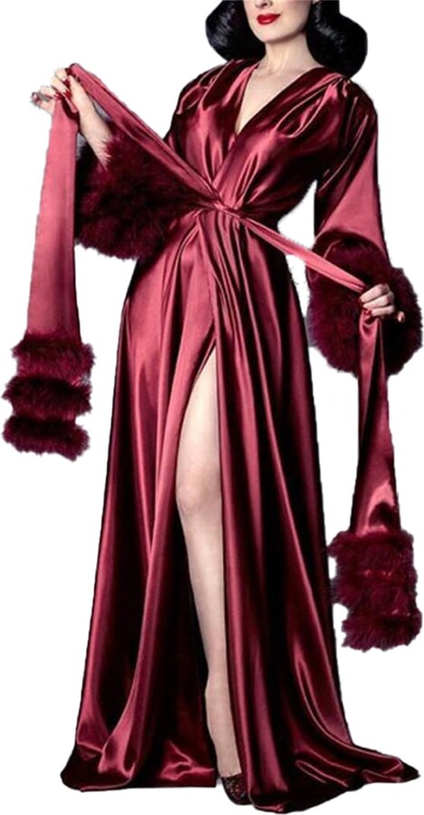 MAYILNSIN Women's Satin Robe Dressing Gowns Bridesmaid Pyjamas Fur Trim ...