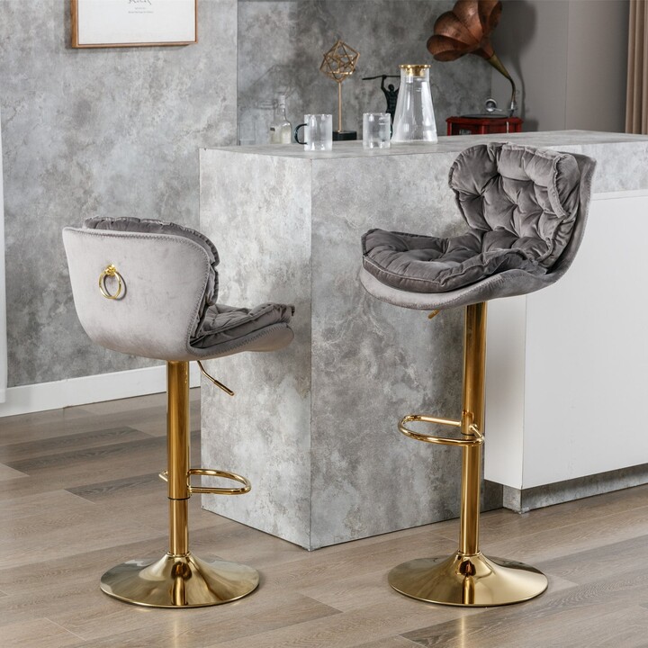 EDWINRAY Velvet Swivel Bar Stools Set of 2,Height Adjustable Wingback Tufted Kitchen Island Bar ...