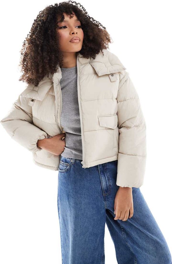 Stradivarius STR cropped puffer jacket in ecru - ShopStyle