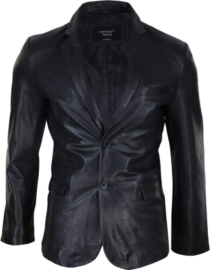 Infinity Leather Mens Slim Fit Classic Genuine Leather 2 Button Blazer Jacket Vintage - black L ...