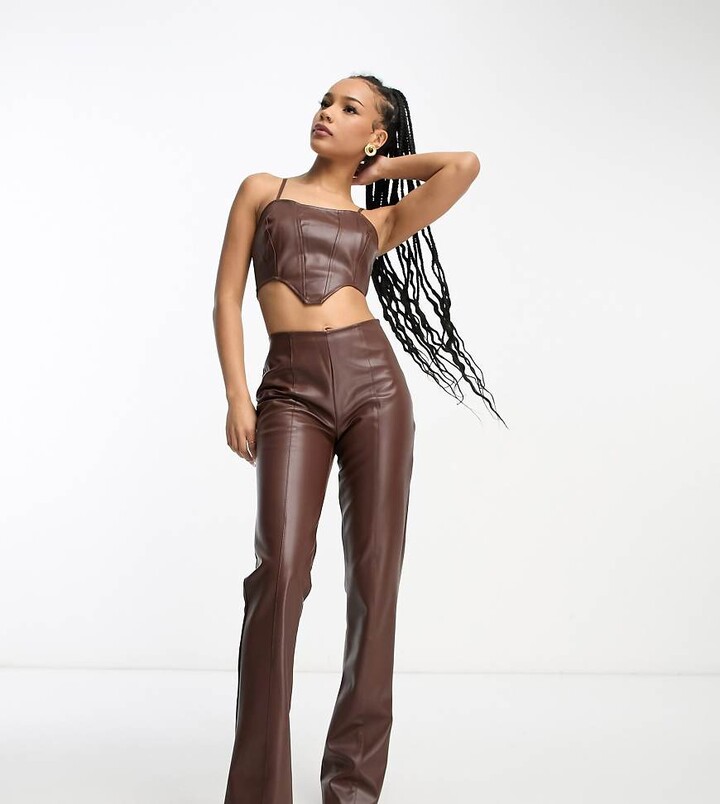 Heartbreak Petite faux leather wide leg pants in chocolate brown - part of a set - ShopStyle
