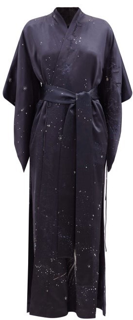 COMMON HOURS Stars And Moon Embroidered Silk-satin Robe - Navy - ShopStyle