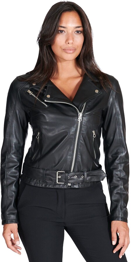 D'Arienzo Black Women Genuine Italian Leather Biker Belted Jacket ...