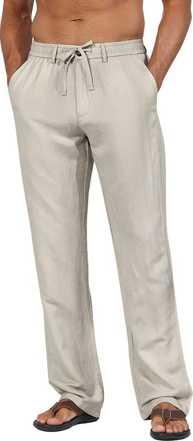 Soojun Men's Linen Beach Pants Lightweight Summer Pants with Drawstring ...