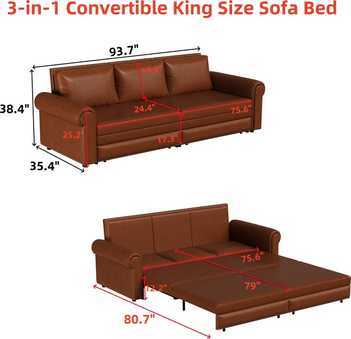 NINEDIN King Size Pull Out Sofa Bed with Nailhead, 93.7" Faux Leather ...