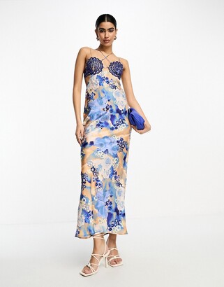 ASOS DESIGN embellished crochet cut out satin bias midi dress in ...