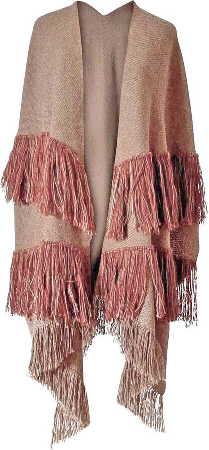 Philomena - Elke Alpaca Ruana With Multicolor Fringes In Beige ...