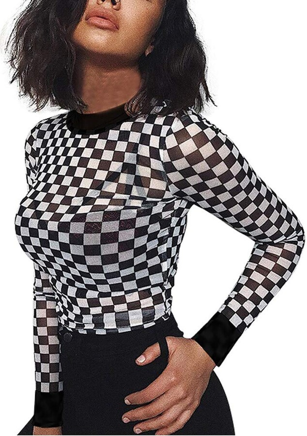 Lazzboy Women Lazzboy Mesh Crop Tops Womens Checkered Plaid See-Through ...