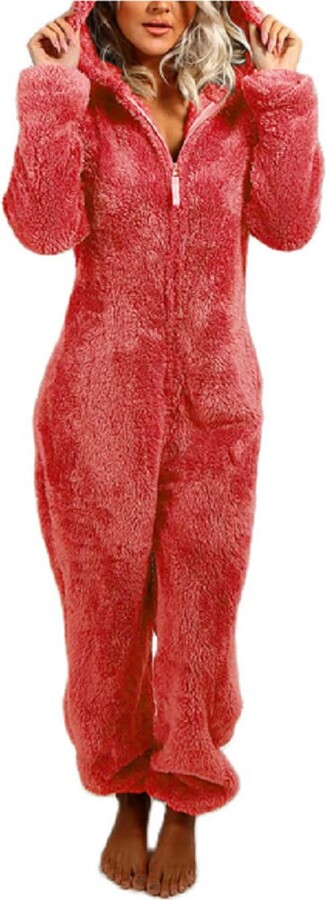 RTGSE Womens Fleece Onesies Zip Up Pajamas Long Sleeve One Piece Hooded ...