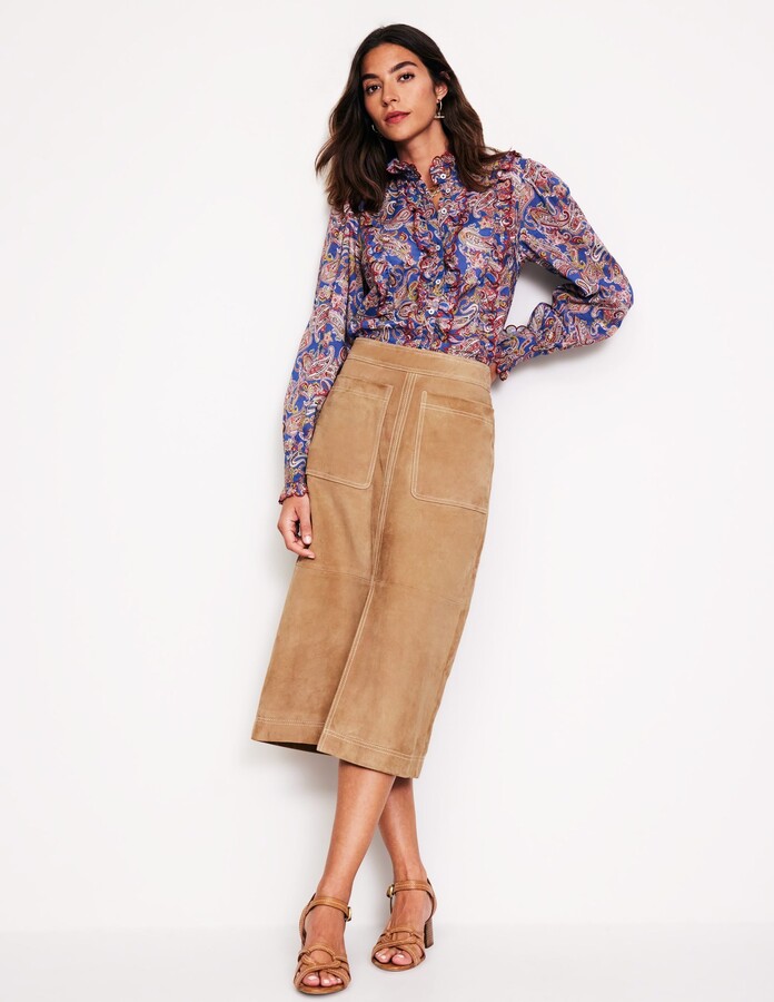 Boden Aline Suede Midi Skirt-Light Tan Suede - ShopStyle