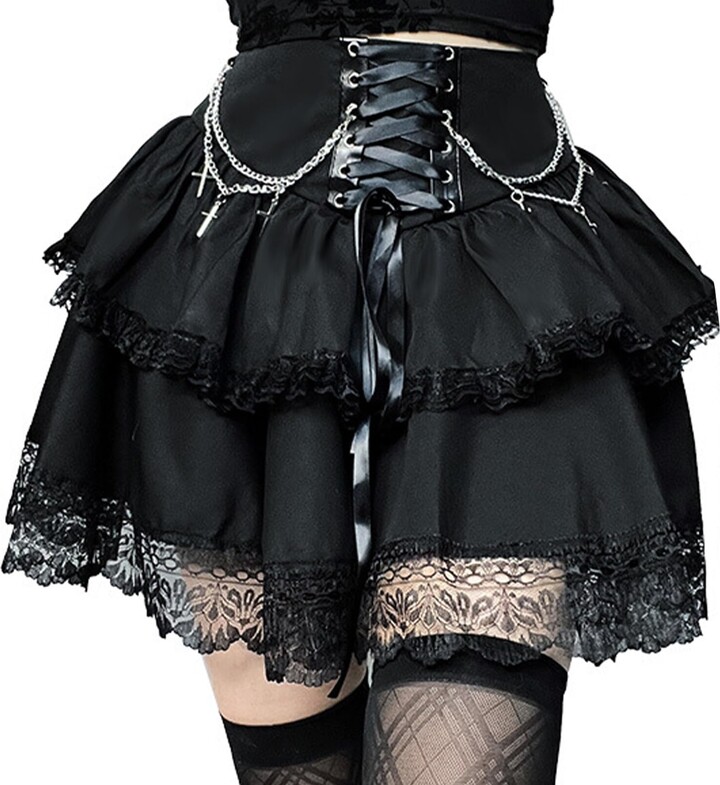 Panegy Goth Black Pleated Mini Skirt with Chain High Waisted Tennis ...