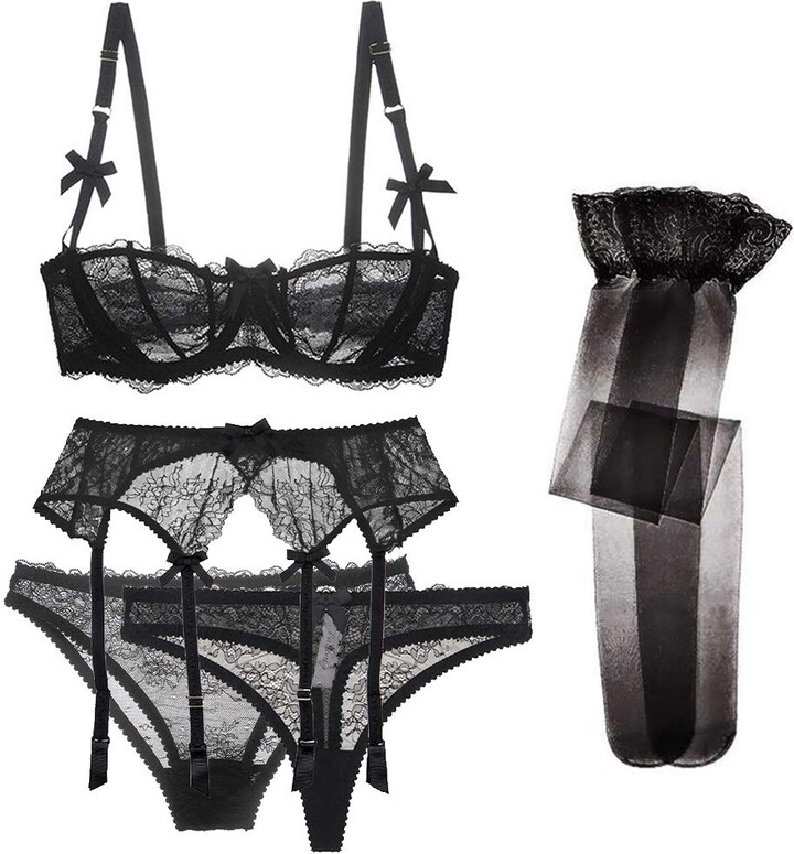 varsmiss Sheer Lace Sexy Lingerie with Garter Belt Stockings 1/2 Cup ...