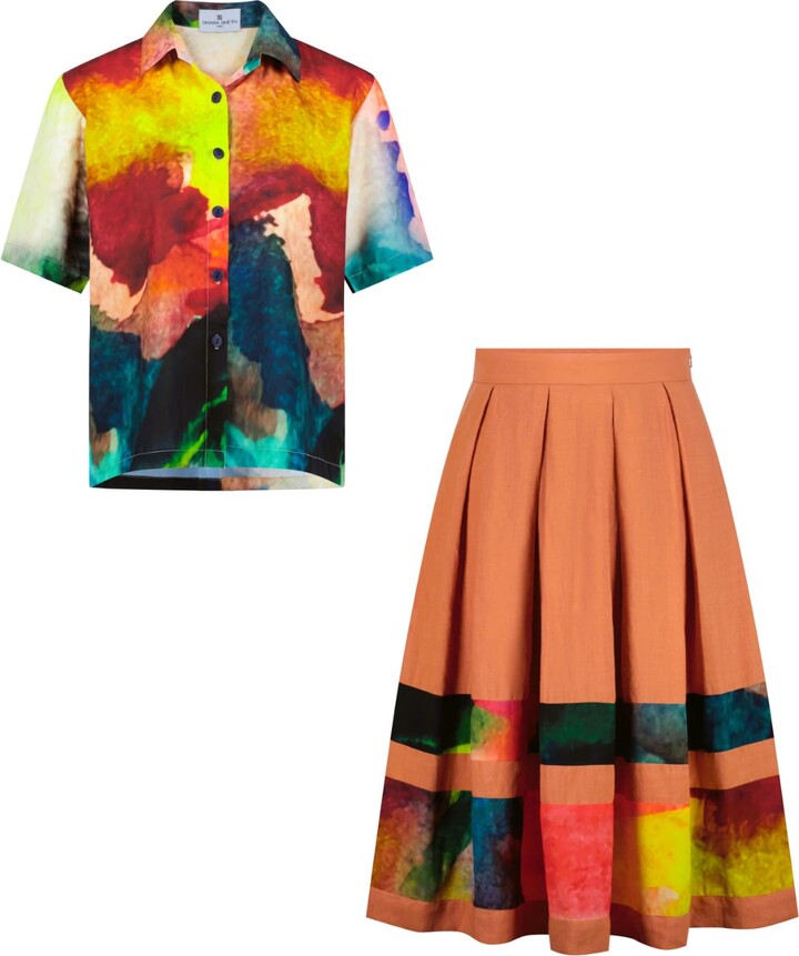 Dhara Sheth Dubai Rose Gold Short Sleeve Shirt & Linen Pleated Midi ...