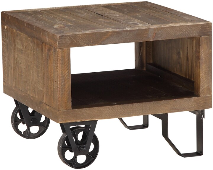 Benzara Pine Wood and Metal End Table with Wheelbarrow Base Design ...