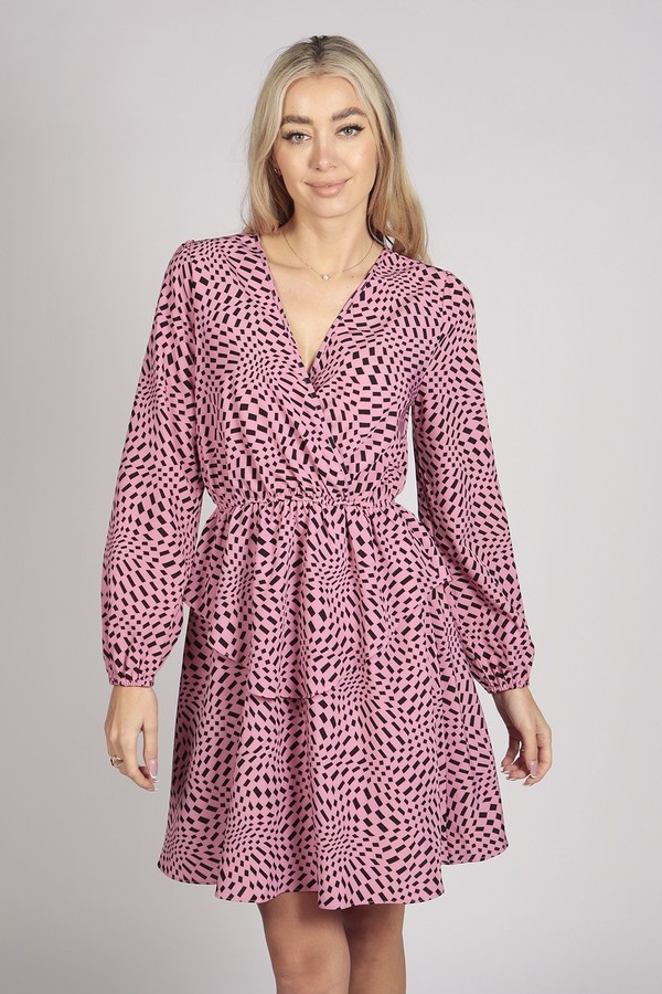 Tenki Full Sleeve Patterned Layer Wrap Dress In Pink - ShopStyle