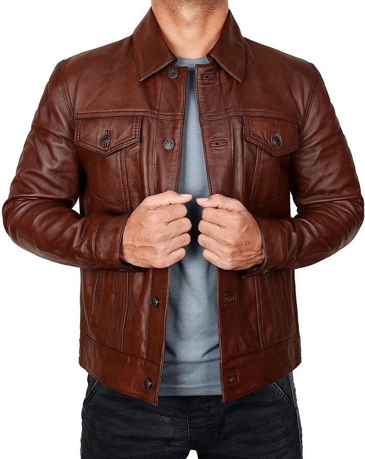 LP-FACON Mens Trucker Jacket - Mens Leather Jacket - Western Trucker ...