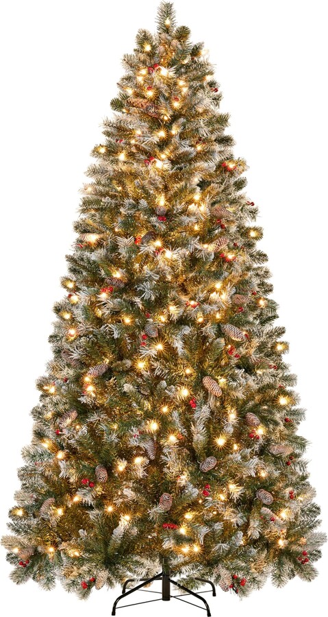Yaheetech 7.5ft Pre-lit Frosted Artificial Hinged Christmas Tree with ...