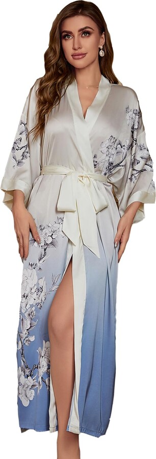 LOCIIXAT Womens Long Kimono Robe Satin Bridal Dressing Gowns Silky ...