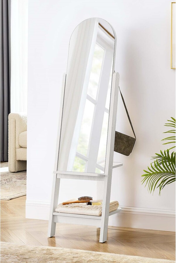 Lewis Modern White Wooden Standing Arched Mirror with Shelf and Hooks ...