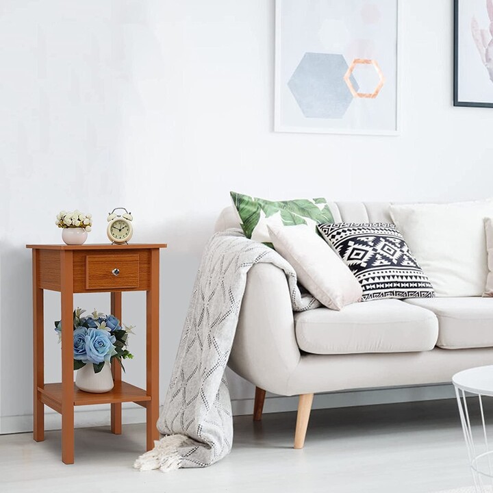 Phoebecat 2-Layer High-Leg Bedside Table with Storage Shelf and Drawers ...