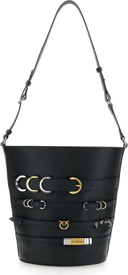 Pinko Black Bucket Bag With Love Birsa Diamond Cut Plaque On The Front ...