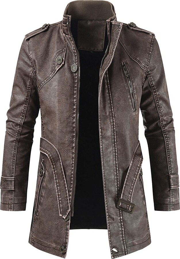 VESNIBA Faux Leather Motorcycle Jacket Men Faux Leather Trench Coat ...