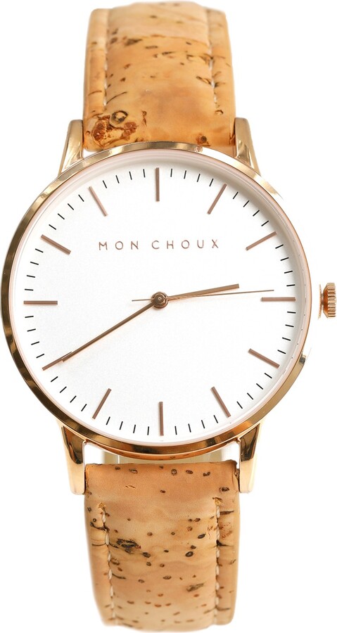MON CHOUX - Classic White Rose Gold Watch In Natural Cork Leather ...