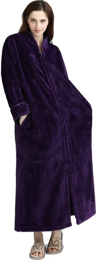 GSNOW Women's Zip Fleece Dressing Gown Warm Fluffy Night Gown Robe ...
