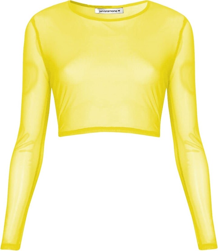 janisramone Womens Sheer Mesh Crop Top Ladies See Through Long Sleeve T ...