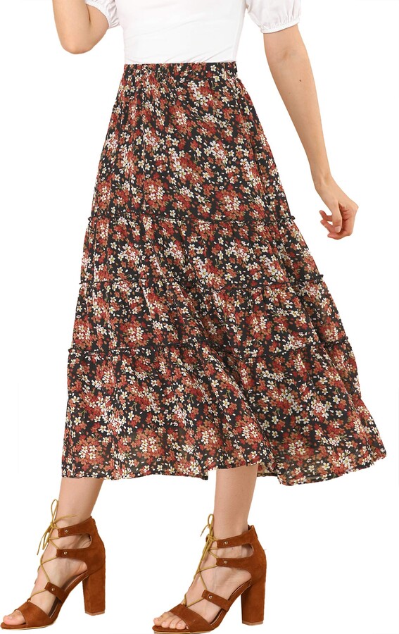 Allegra K Women's Floral Long Skirts High Waist Tiered Vintage Ruffle ...