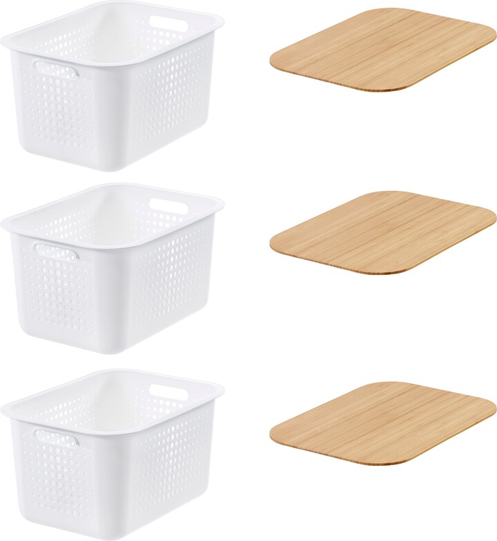 SmartStore Recycled Set of 3 13L Storage Baskets with Bamboo Lids White ...