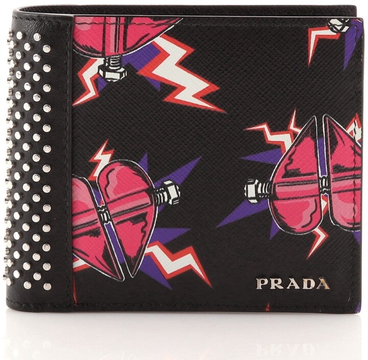 Prada Bifold Wallet Printed Saffiano Leather with Studded Detail ...