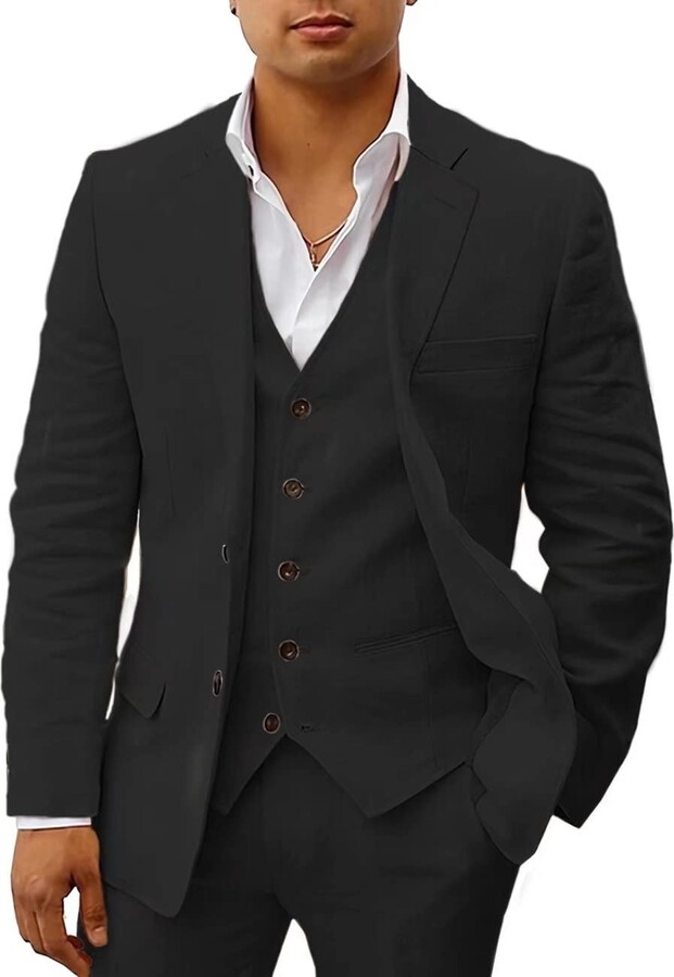 HUUTOE 3 Piece Linen Suits for Men Wedding Casual Formal Men's Suit ...