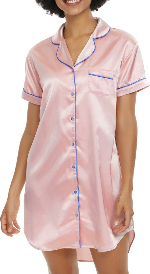 Alcea Rosea Womens Boyfriend Nightshirt Satin Sleep Shirt Short Sleeves ...