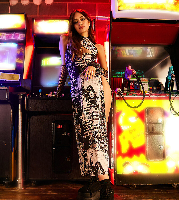 Reclaimed Vintage x Stranger Things mesh midi dress in mono Hell Fire ...