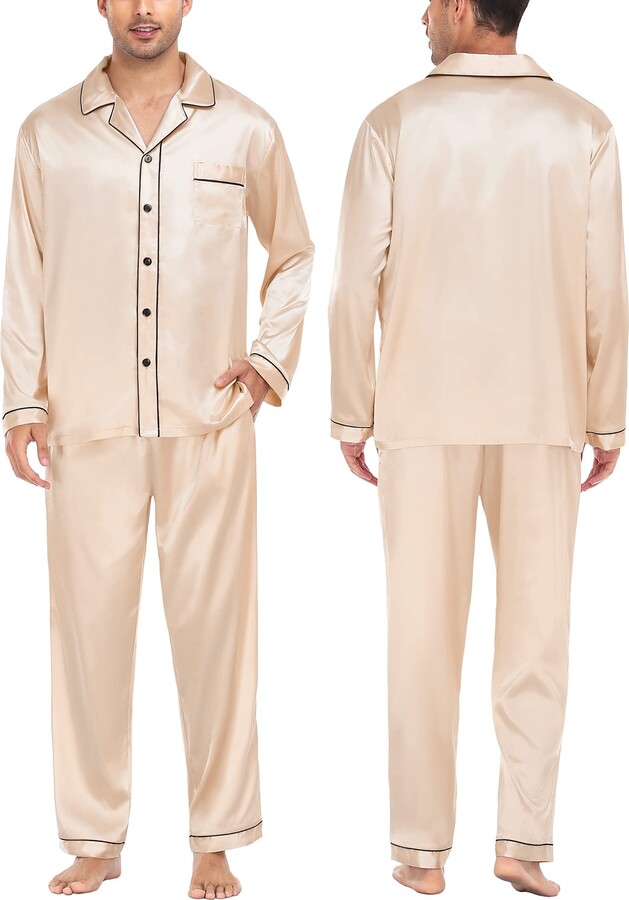 SWOMOG Mens Satin Pyjamas Sets Long Sleeve Shirt Top and Long Pants ...