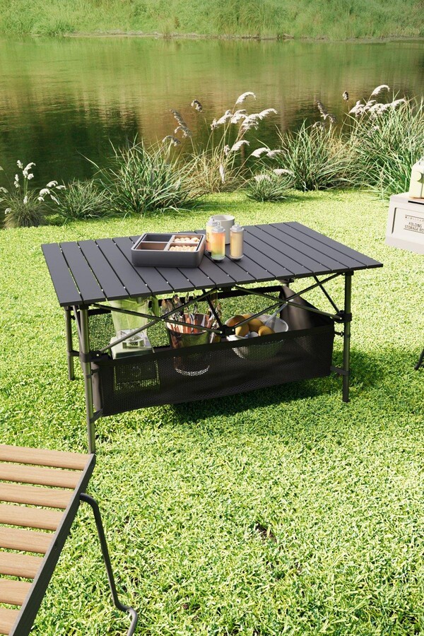 Living and Home Black Aluminum Roll-Top Foldable Camp Table with Mesh ...