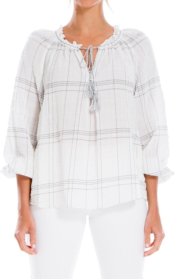 Max Studio Split Neck Plaid Woven Top - ShopStyle