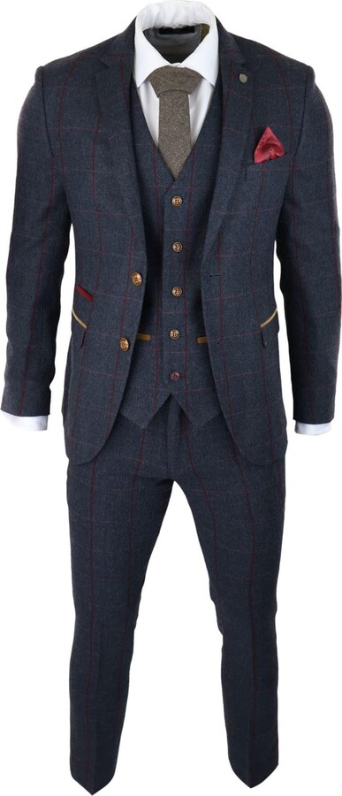 TruClothing.com Mens Herringbone Tweed 3 Piece Navy Red Check Suit ...