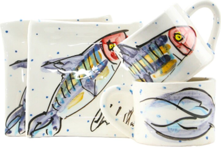Charlie Mahon Ceramics Blue Two Mackerel Fish Mugs And Two Small Square ...