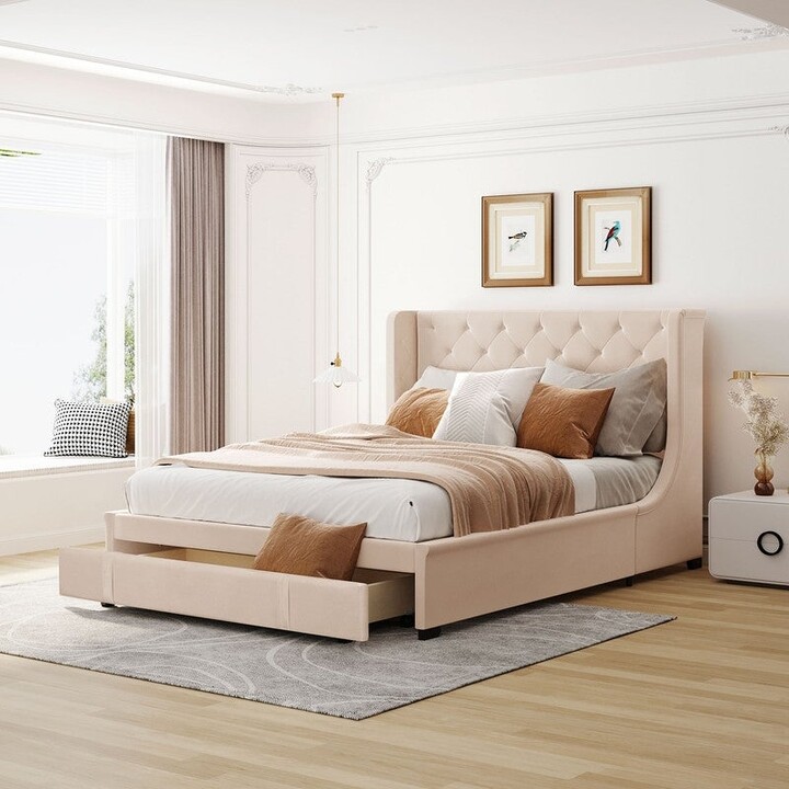 Tiramisubest Queen Size Upholstered Platform Storage Bed with Wingback ...