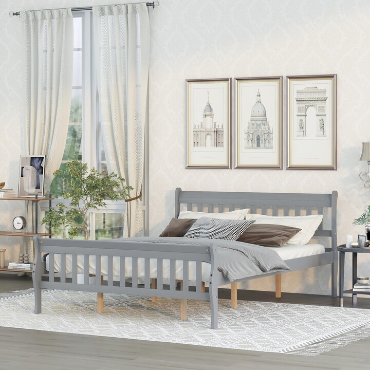 IGEMAN Queen Size Wood Platform Sleigh Bed with Slats Style Headboard ...