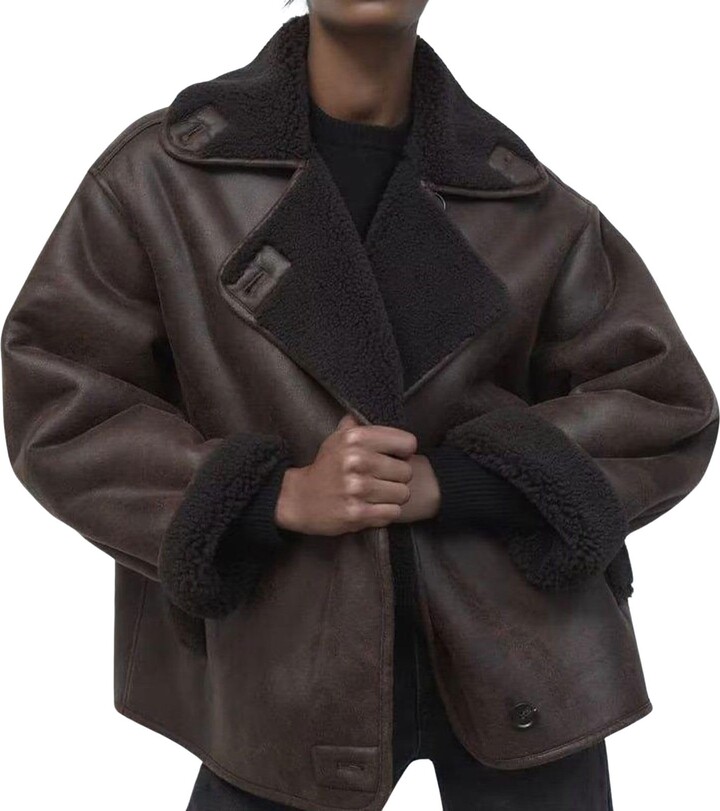 loveimgs Women Thick Sherpa Lined Faux Suede Jacket Oversized Leather Coat Shearling Fleece Moto ...