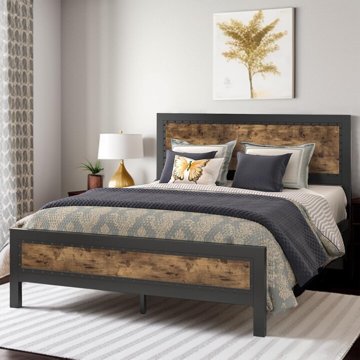 EPOWP Full Bed Frame with Wood Headboard, Industrial Style Platform Bed ...