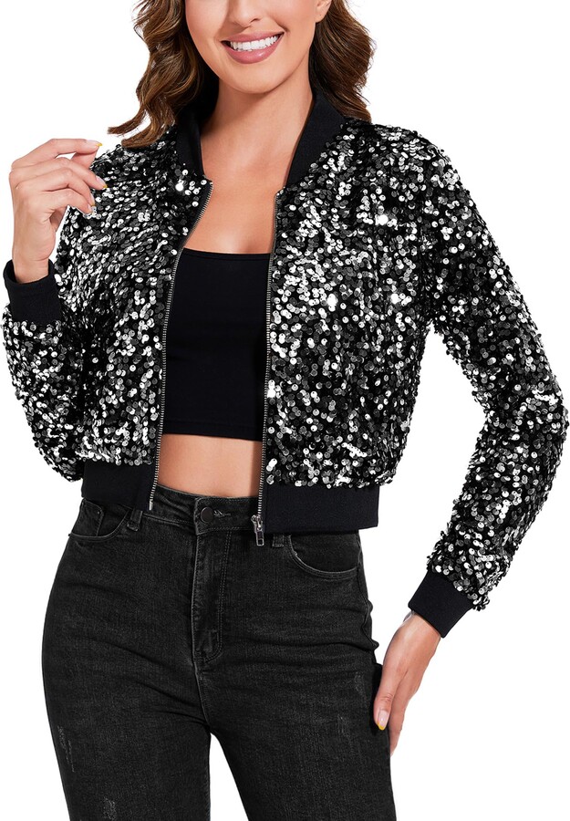 Anna-Kaci Women's Sparkly Sequin Cropped Jacket Long Sleeve Zipper Up ...