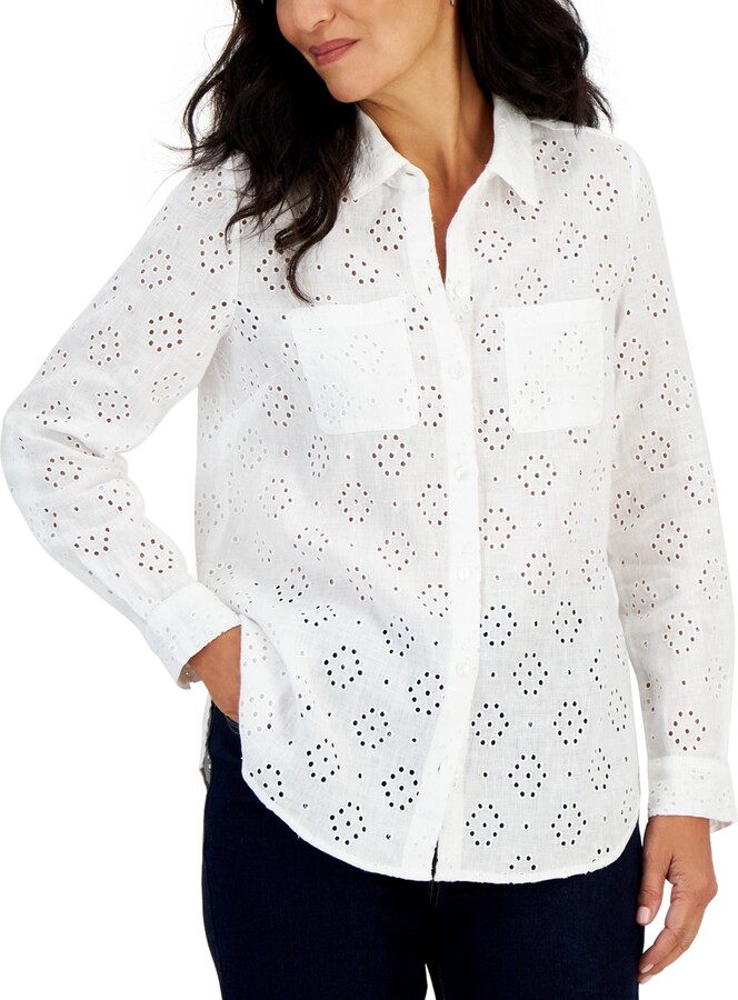 Charter Club Petite 100% Linen Allover-Eyelet Button-Front Top, Created ...