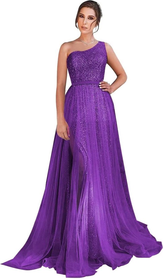 Generic One Shoulder Sequin Prom Dresses Long Glitter Tulle Ball Gown ...